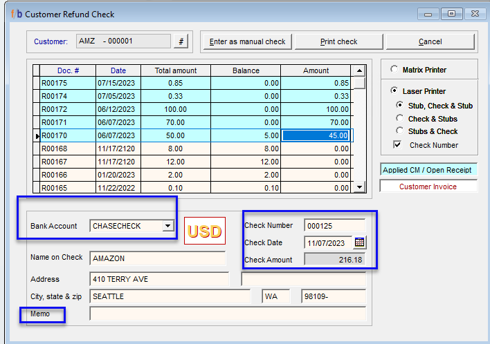 Customer Refund Check - Sundry Checks