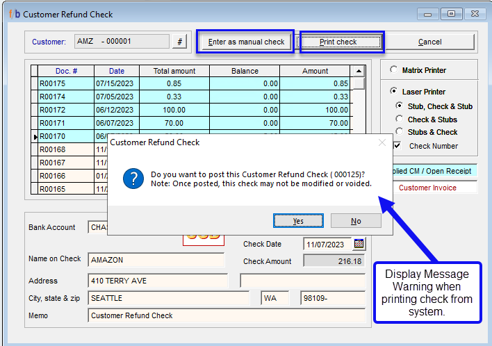 Customer Refund Check - Sundry Checks